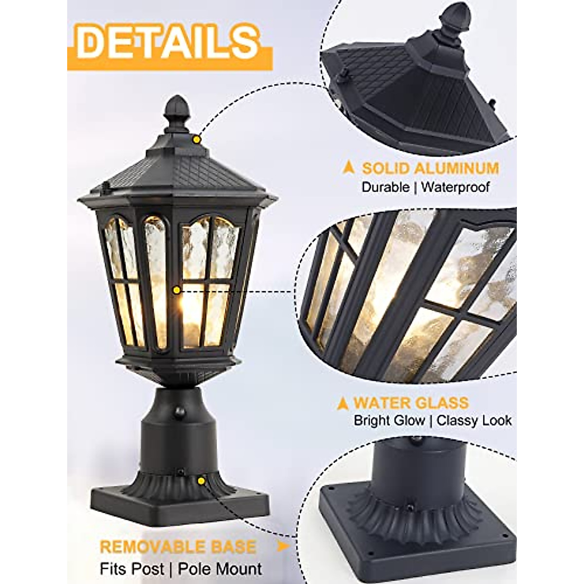GYDZ Post Light Outdoor with 3-Inch Pier Mount Base, 17''H Exterior Post Light Fixture,Waterproof IP65 Classic Die Cast Aluminum with Water Ripple Glass, E26 Base 60W Max,Matte Black