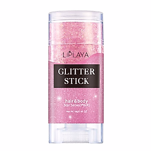 Yeweian Pink Face Body Glitter Stick, Lip Eye Nails Hair Body Glitter Gel,Singer Concerts Face Body Sequins Glitter Makeup, Mardi Gras Glitter Accessories,Chunky Holographic Face Glitter Gel for Women