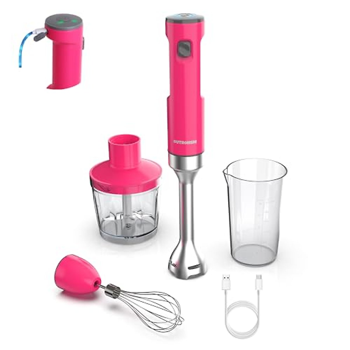 OUTRONSM Cordless Hand Blender, CordIess Immersion Blender Rechargeable, with Charging Cable, 500ml Chopper, 600ml Container, Egg Whisk, for Smoothies, Milkshakes, Infant Food and Soups – Red