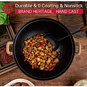 WANGYUANJI Handmade Cast Iron Wok 14.2" Large Woks Stir-Fry Pans with Dual Handle,Fry Pan Suitable for Induction, Electric, Gas, Halogen All Stoves-Black,Uncoated Craft Wok Healthy Cooking Wok