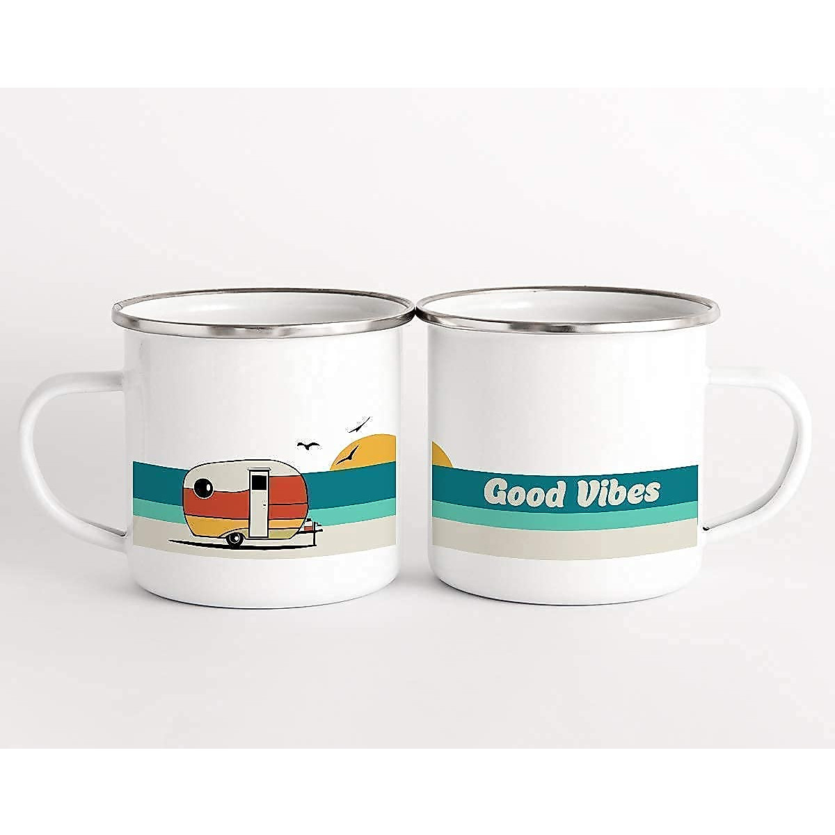 Good Vibes Retro Camper Enamel Mug, Camping Coffee Mug, Beach Surf Lover Gift, Camp Outdoor Mug (12oz)