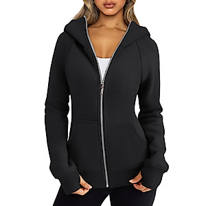 Trendy Queen Womens Fleece Jackets Full Zip Sweatshirts Oversized Hoodies Long Sleeve Sweaters With Pockets Winter Coats Fall Outfits Y2k Fashion Teen Girls Clothes Black