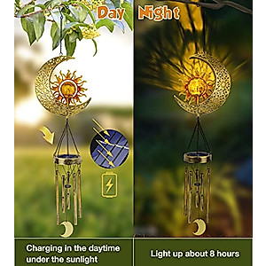 JYPS Sun Moon Solar Wind Chimes for Outside Crackle Glass Ball Waterproof Wind Chimes Outdoor Clearance Deep Tone Garden Decor Birthday Unique Gifts for Women Mom Grandma Windchimes Gardening