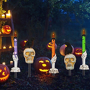 Halloween Outdoor Decoration Solar Lights,5 Pack Skull Candle Lights+Skull Solar Lights with Black Crow,Waterproof Solar Ghost Lights with Stakes,Stunning Halloween Decor for Lawn Yard Garden