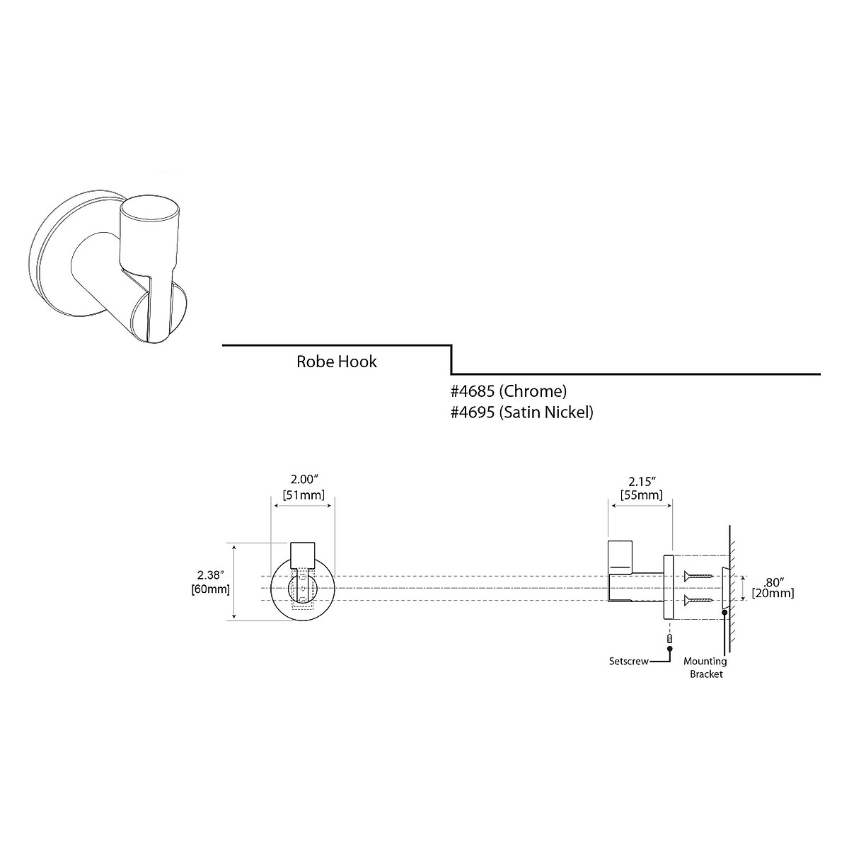 Gatco 4685 Channel Single Robe Hook, Chrome (379853),Small
