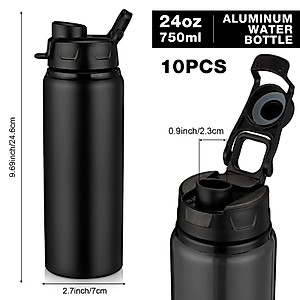 Shellwei 10 Pcs Aluminum Metal Water Bottles Bulk 24 oz Lightweight Leak Proof Sports Water Bottle with Snap Lid Reusable Bottle for Travel Camping Hiking(Black)