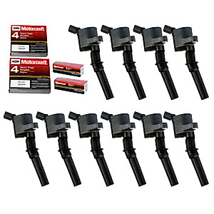 MAS Set of 10 Ignition Coils Pack DG508+Motorcraft Spark Plugs SP479 Compatible with Ford E350 E450 F250 F350 F450 F550 Econoline Super Duty F53 6.8L V10 DG457 DG472 DG491 3W7Z-12029-AA