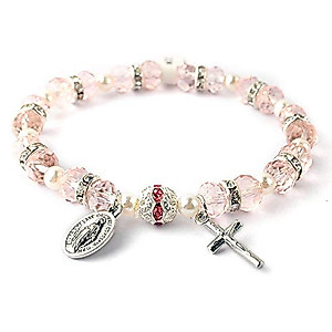 HanlinCC Women's Beaded Stretch Rosary Bracelet with Crucifix and Miraculous Medal (Pink)