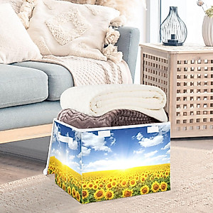 DIGTIA Storage Bins with Lids Meadow Sunflowers Foldable Storage Boxes with Handles Sunrise Blue Sky Large Storage Basket Collapsible Organizer Containers for Closet Home Bedroom Office