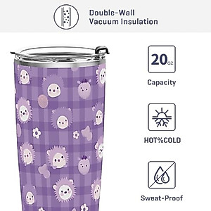 sanluoli Purple Hedgehogs Checkered Plaid Stainless Steel drinking cups with lids with Straw Leak Resistant Flip travel coffee mug for Home, Office or Car cute straw tumbler 20 OZ