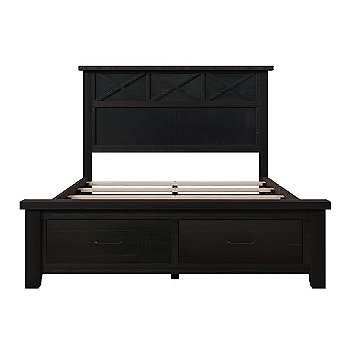 Queen Size Platform Bed, Wood Platform Beds with Two Storage Drawers & Headboard Rustic Farmhouse Style Wood Bed Frame Queen for Bed Room, No Box Spring Needed (Black)