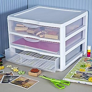 Sterilite 20938003 Wide 3 Drawer Unit, White Frame with Clear Drawers, 3-Pack