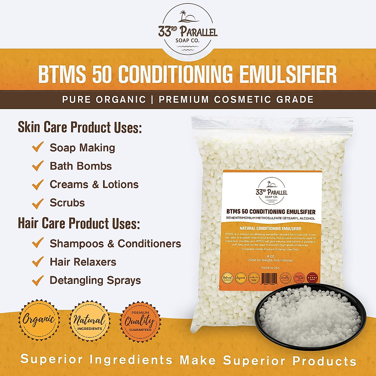 33rd PARALLEL | BTMS 50 (2 oz) Conditioning Emulsifier | 100% Natural Plant Derived | Behentrimonium Methosulfate Cetearyl Alcohol Emulsifying Conditioner | Product of USA (2 Ounces)