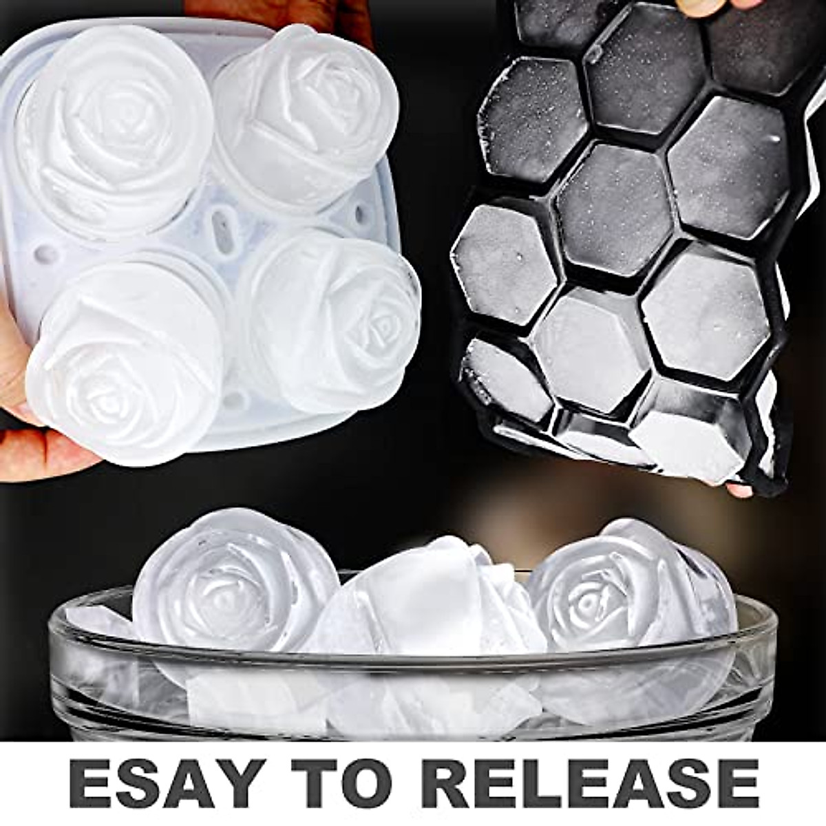 Pack 2, KooMall Large Ice Cube Tray, 3D Rose Ice Mold 2.5 Inch, Make 8 Giant Cute Flower Shape Ice, Silicone Fun Big Ice Ball Maker for Cocktails Juice Whiskey Bourbon Freezer, 1 Pink & 1 Black