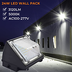24W LED Wall Pack Light, Commercial and Industrial Outdoor Pathway Lighting, IP65 Waterproof LED Exterior Light, 3120 Lumens, 200-250W HPS/HID Replacement, 5000K Daylight A ETL & DLC Listed