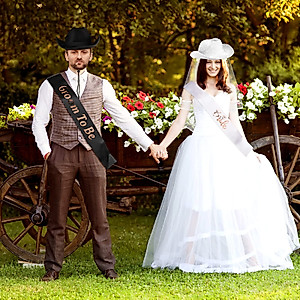 SATINIOR 2 Pieces Bride Cowgirl Hat with Veil, Groom and Bride Hats, 2 Pieces Bride and Groom to Be Sash Bachelorette Party Supplies for Women Men Wedding Bridal Shower Decoration