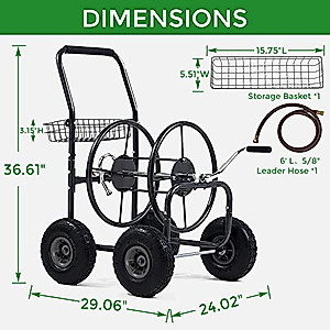 LAUREL CANYON Garden Hose Reel Cart, Heavy Duty Hose Reel Cart with 4 Wheels, Storage Basket Design, 6' 5/8" leader hose include, Holds 250-Feet of 5/8" Hose Capacity for Garden & Yard, Black