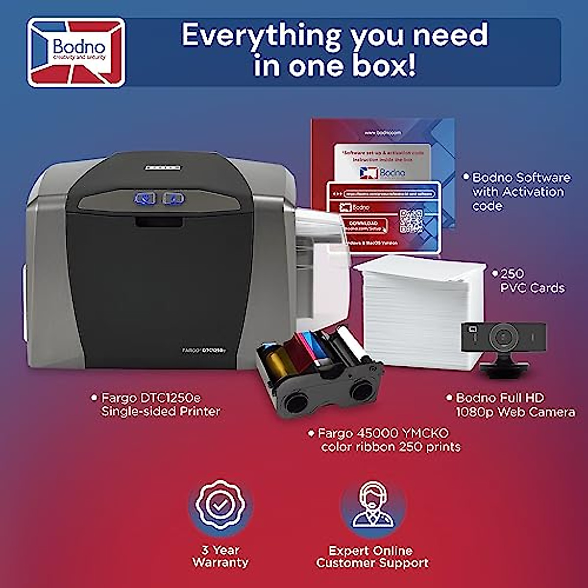 Bodno Fargo DTC1250e Single Sided ID Card Printer & Complete Supplies Package with Bronze Edition Software