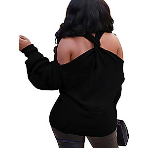 Women Sexy Cold Shoulder Long Sleeve Halter V Neck Loose Fit Knitted Sweater Pullover Tops L Black