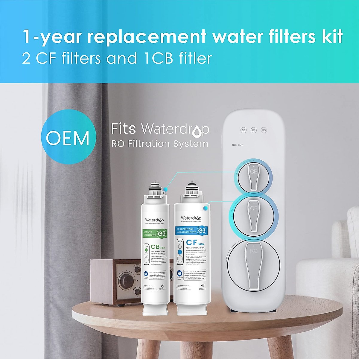 Waterdrop WD-G3-W Replacement Filter, Replacement for WD-G3-W Reverse Osmosis System, CF Filter + CB Filter + RO Filter, New Logo Design