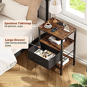SUPERJARE Nightstand Set of 2, Bed Side Tables with Charging Station, Adjustable Fabric Drawer, Night Stand for Bedroom, 3-Tier Storage End Tables, for Living Room, Rustic Brown and Black