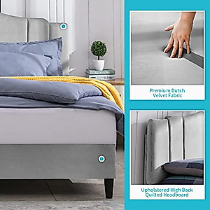 CECER Adjustable Headboard California-King Size Platform Bed Frame | Upholstered Bedframe with Headboard Covered in Dutch Velvet | Solid Wood Slat Support | Easy Assemble-Light Grey
