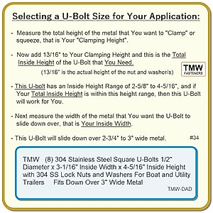 TMW - (8) 304 Stainless Steel Square U-Bolts 1/2" Diameter x 3-1/16" Inside Width x 4-5/16" Inside Height with 304 SS Lock Nuts and Washers for Boat and Utility Trailers Made in The U.S.A.