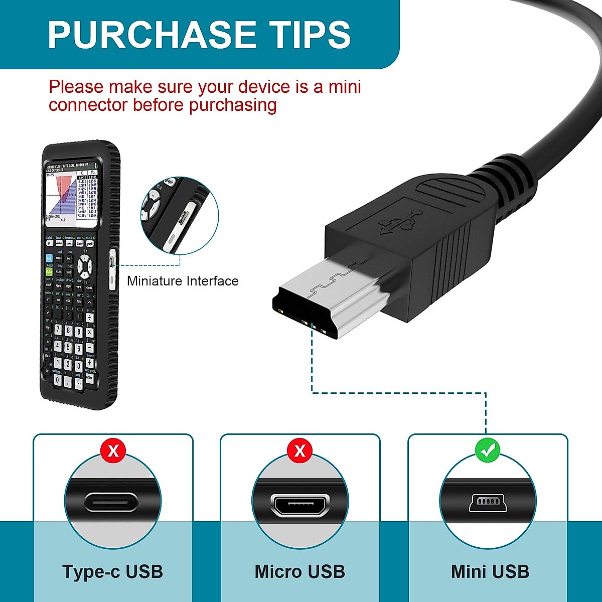 Sqrmekoko USB PC Charger Charging Cable Cord for TI-84 Plus, TI-84 Plus CE, TI 89 Titanium, TI Nspire CX/TI Nspire CX CAS Graphing Calculators