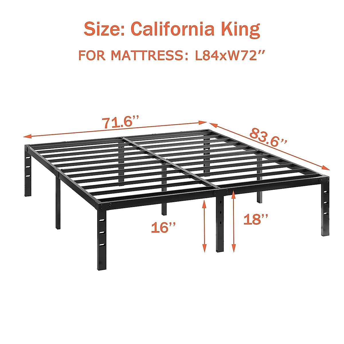 zunatu 18 Inch California King Metal Bed Frame Foundation No Box Spring Needed Heavy Duty Tall Platform with Large Storage Easy Assembly Mattress Noise Free, Black