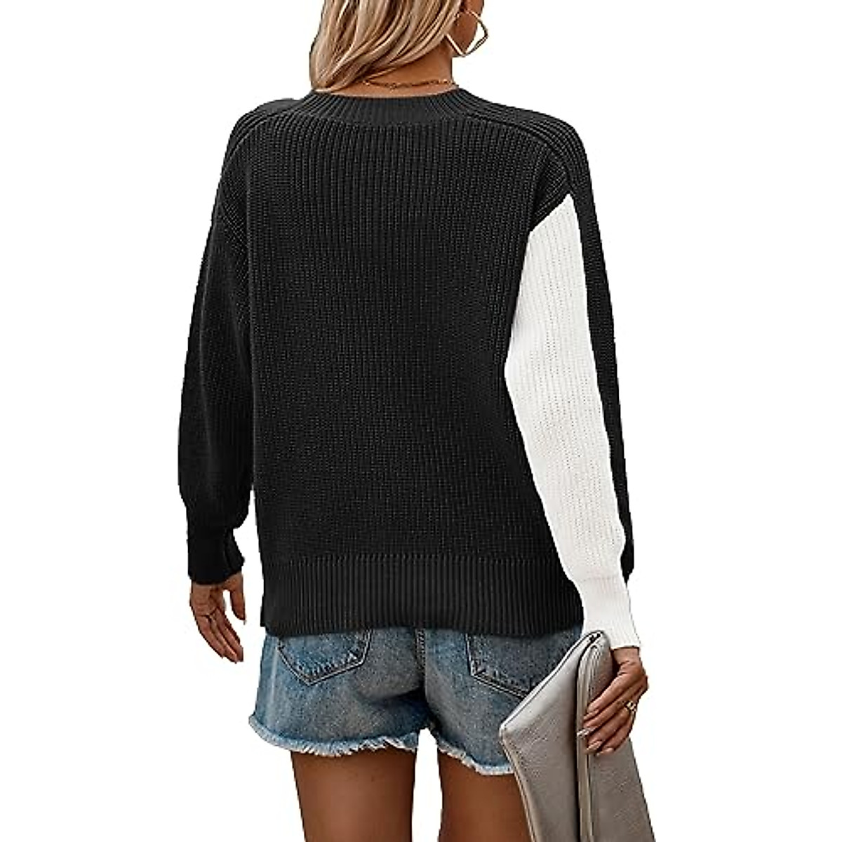 PRETTYGARDEN Women's 2023 Fall Knit Pullover Sweater Casual Long Sleeve Color Block Jumper Blouse Tops (Black,Large)