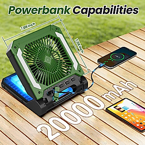 20000mAh Rechargeable Solar Camping Fan with Led Lantern, 3 Speeds Cordless Battery Powered Portable Fan with PowerBank,Timer & Hanging Hook, Quiet Desk Fan for Tent Hurricane Worksite (Green)