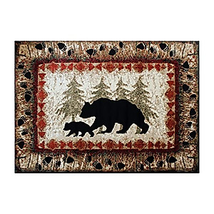 EMMA + OLIVER Ursa 6'x9' Rustic Cabin or Lodge Theme Rug with Bear and Cub Design with Trees in Background and Bear Track Patterned Edges