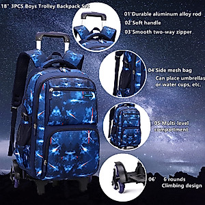 Egchescebo 18" School Kids Rolling Backpack for Boys With Wheels Trolley Wheeled Backpacks for Boys Students Travel Bags Adults Backpack With Lunch Box Pencil Bag 3PCS Blue