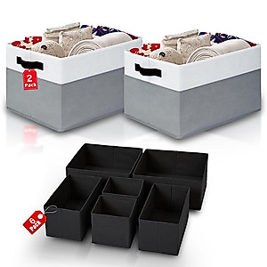 Large Storage Baskets and Drawer Organizer Set - 2 Fabric Shelf Baskets 14"x10"x9.5" & 6 Foldable Closet Divider Bins, Dark Grey - Collapsible Bins for Clothes, Toys, Nursery, Underwear