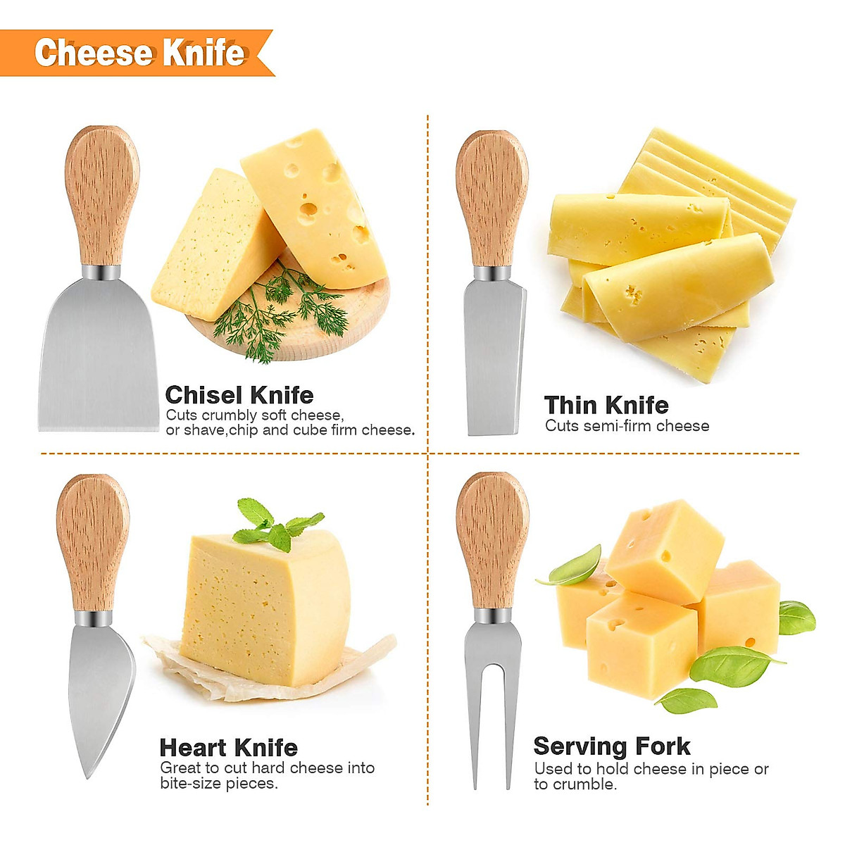 Cheese Knife Set with Holder Stand,Set of 4 Pieces Cheese Cutter Knives Set for Charcuterie Board,Stainless Steel Cheese Spreader,Slicer,Shaver,Fork with with Wood Handle & Magnetic Knife Block