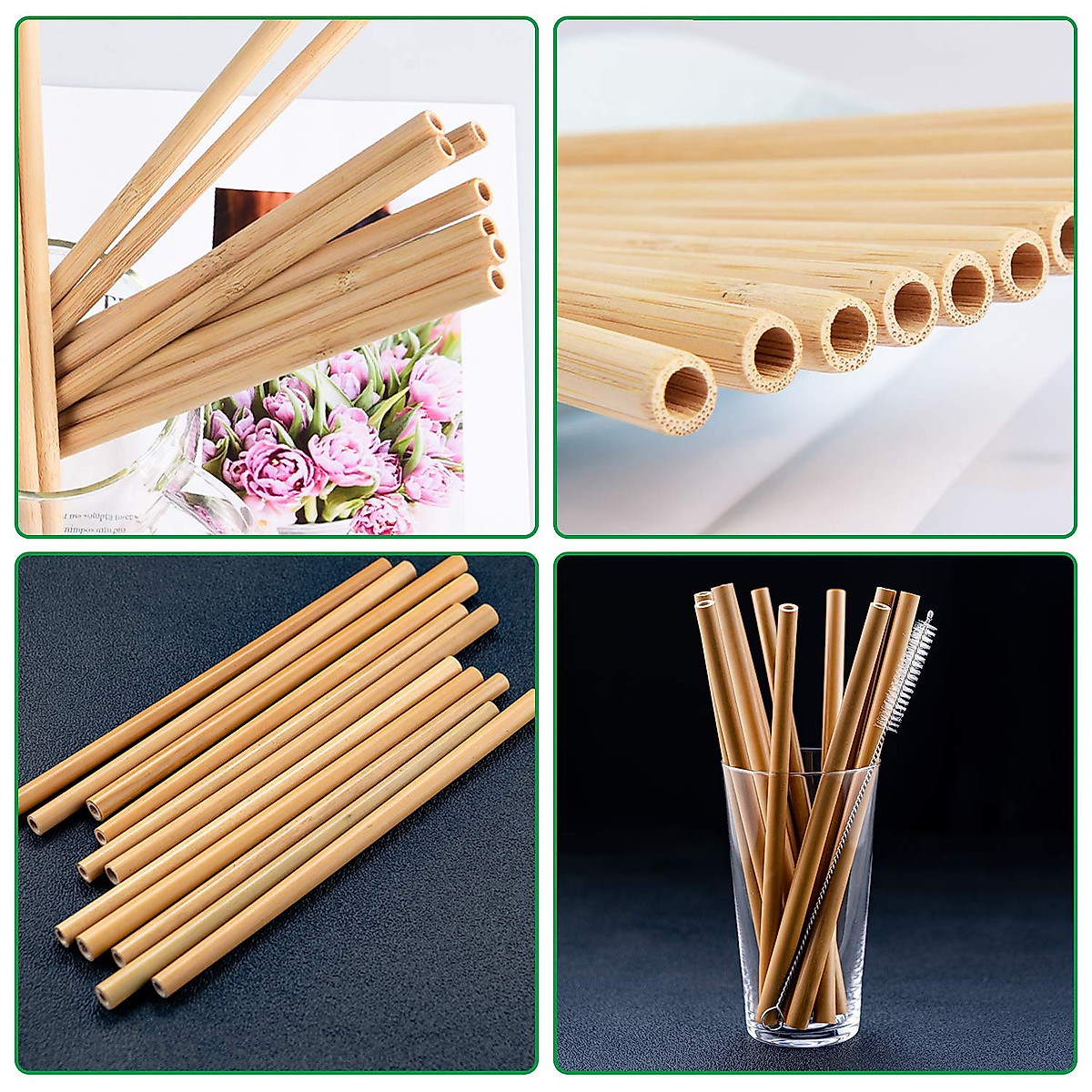Q-DIRT PRO Reusable Bamboo Drinking Straws 7.8 Inches 100% Natural Eco Friendly Biodegradable and Organic 20 Sticks Bamboo Wooden Straw Includes Cleaning Brushes