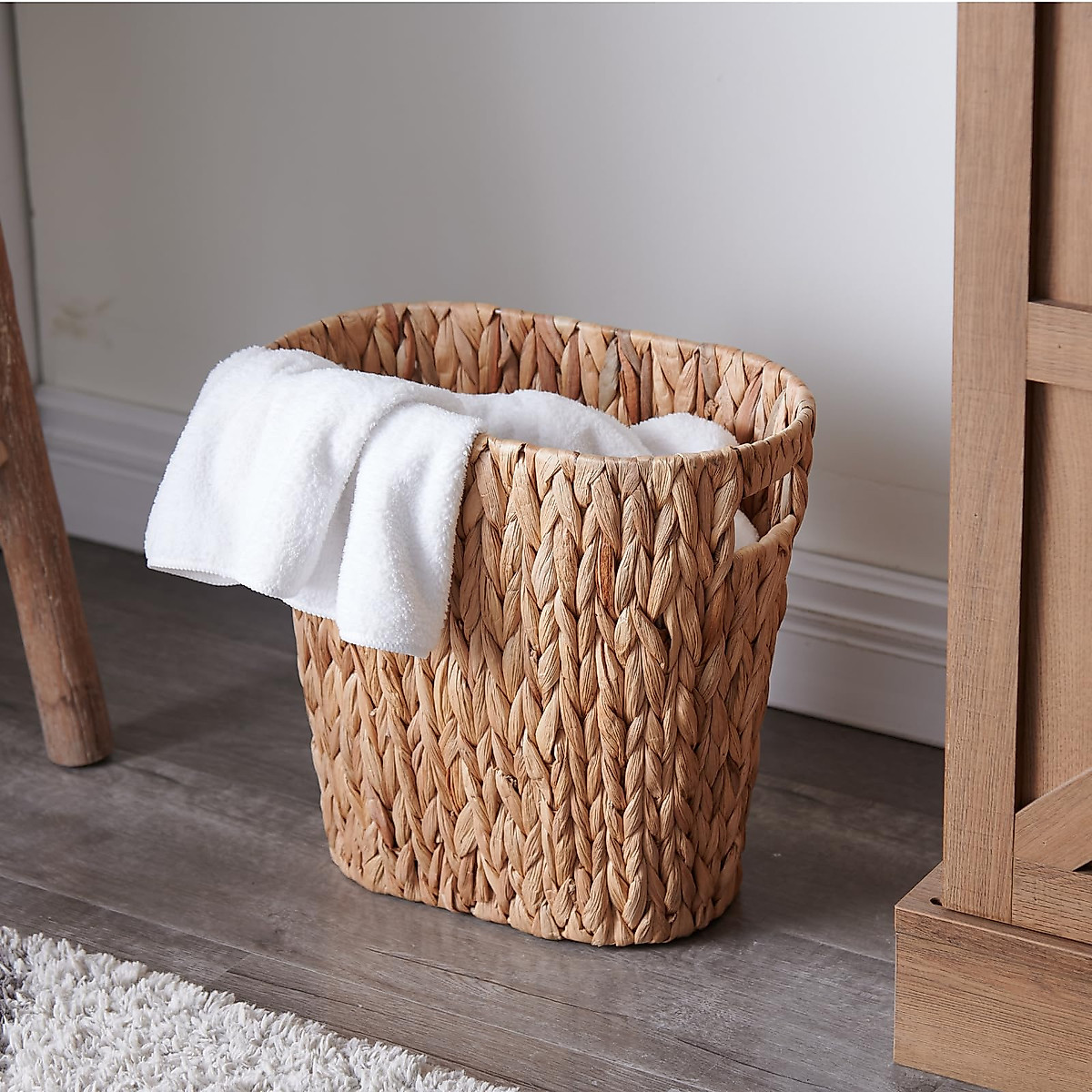 Bathroom Trash Can, Handwoven Wicker Trash Can with Handles for Bedroom, Living Roon, Kitchen, Bathroom and Office, Water Hyacinth Wicker Waste Basket, 1 Pack, 13"L x 7.5"W x 12.2"H, 3.2 Gallon