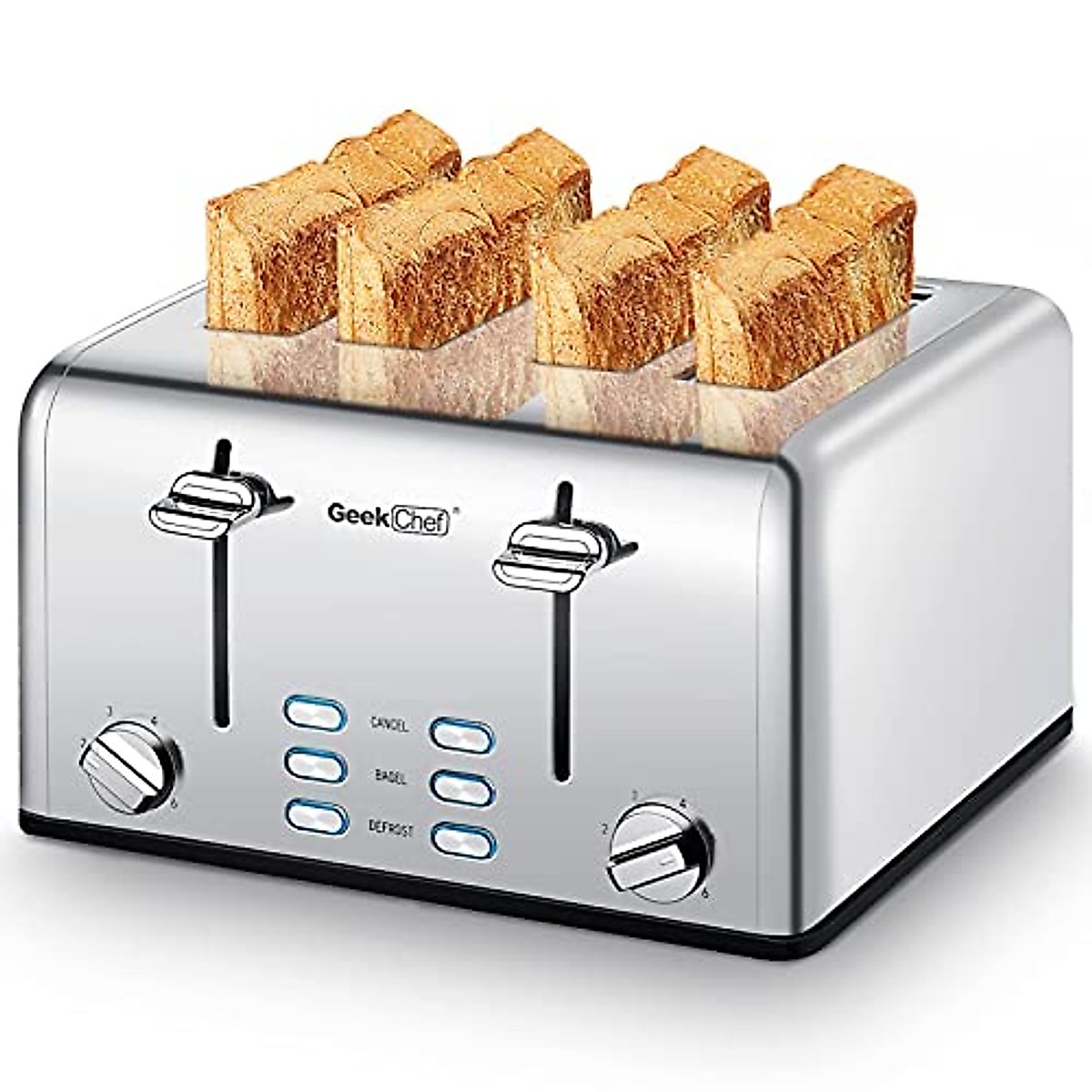 Geek Chef 4 Slice toaster, Best Rated Prime Retro Bagel Toaster with 6 Bread Shade Settings, 4 Extra Wide Slots, Defrost/Bagel/Cancel Function, Removable Crumb Tray, Stainless Steel Toaster (4 slice stainless steel （classic）)
