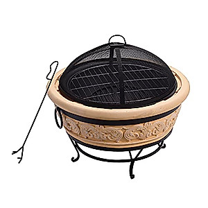 Teamson Home Wood Burning Fire Pit with Spark Screen, Fireplace Poker, Grilling Grate, and BBQ Grill for Outdoor Patio Garden Backyard Decking, 27 Inch Length, Light Brown