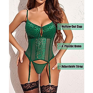 Avidlove Green Lingerie for Women Lace Lingerie Set with Garter Belt Lace Teddy Chemise Set