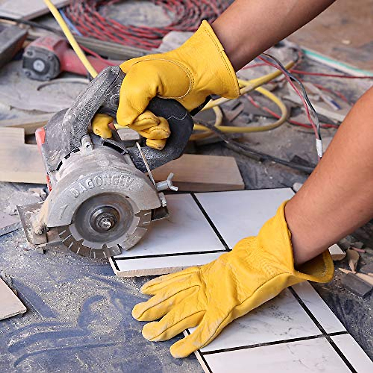 OLSON DEEPAK Heavy Duty Industrial Safety Gloves,Grain cowhide Leather Shooting Gloves for Driving/Riding/Gardening/Farm for Men/Women (Large,Yellow)