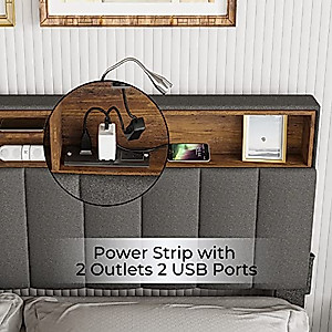 Tiptiper Queen Bed Frame with USB Ports and Outlets, Upholstered Platform Bed with Storage Headboard, Queen Size with Shelf Headboard, 12 Wood Slats, No Box Spring Needed, Dark Grey