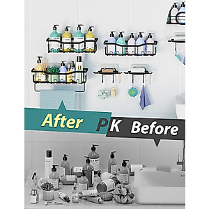 plainshe 10 Packs Shower Caddy, Shower Organizer with 3 Shower Shelves, 2 Soap Dishes & Towel Rack, Stainless Steel Wall Rack Basket with Adhesives Mounted for Bathroom & Kitchen (Black/N-Type)