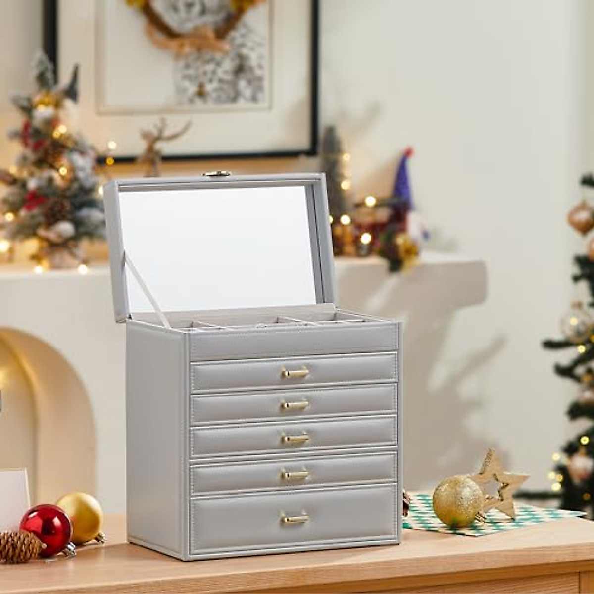 Vlando 6 Tier Large Jewelry Box for Women - Big Jewelry Organizer with Mirror, Jewelry Box Organizer for Drawer Necklace Ring Bracelet and Watch, Gift for Loved Ones Gray