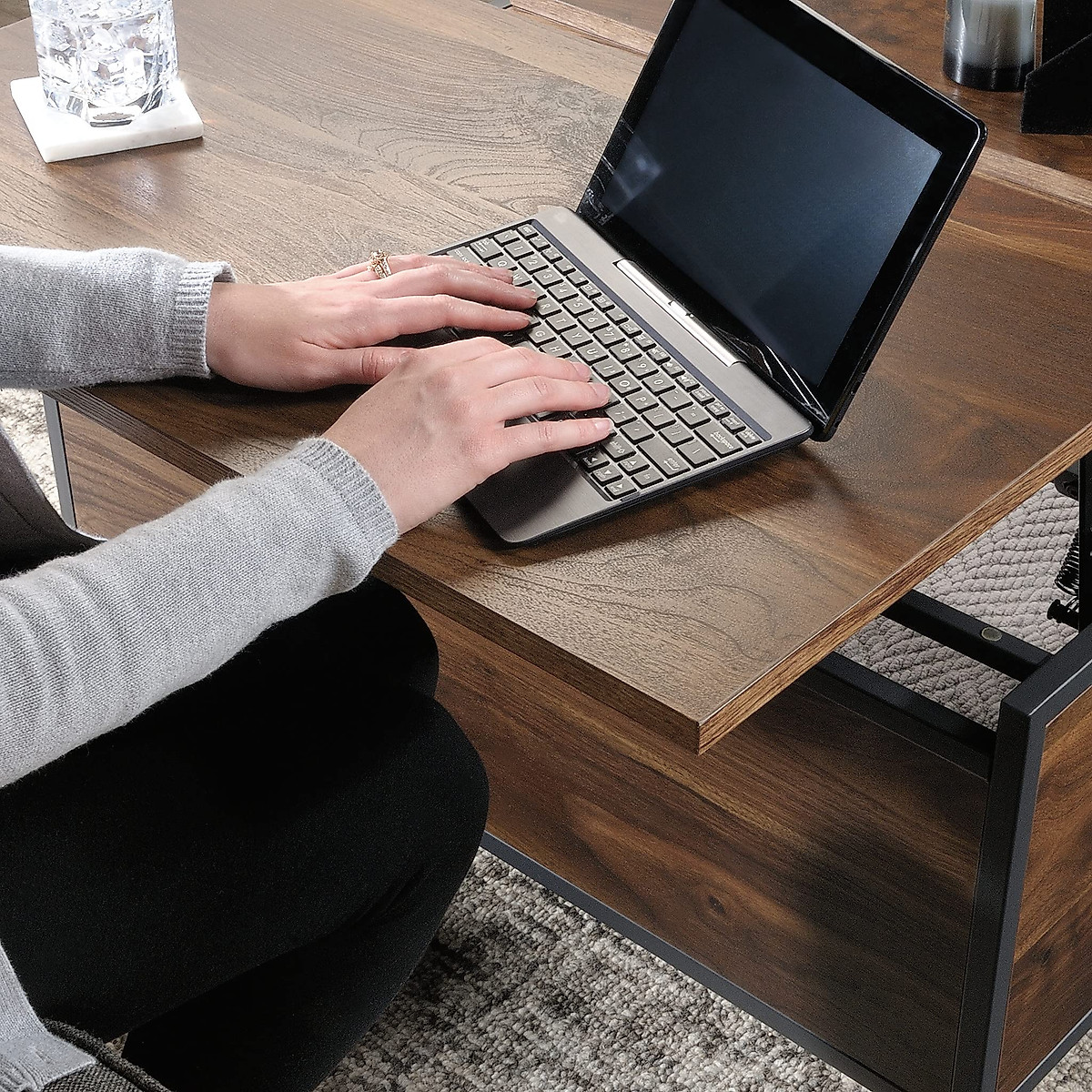 Sauder Nova Loft Coffee Table, L: 33.07" x W: 32.28" x H: 19.09", Grand Walnut Finish