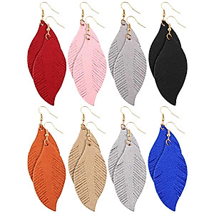 Jovitec 8 Pairs Leather Feather Earrings Teardrop Earrings Leather Lightweight Leaf Earrings for Women Girls Soft Suede Bohemian Feather Shape Earrings Tassel Dangles Fringe Wing, 8 Colors