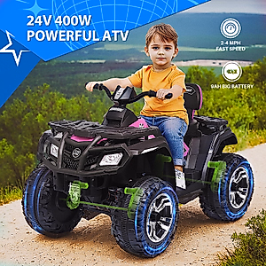 Joywhale 24V 2-Seater Ride on ATV 4WD Quad Powerful 4-Wheeler Electric Car for Big Kids, with 400W Strong Engine, 9AH Large Battery, Metal Suspension, Soft Braking, Music & Bright Headlights, Pink