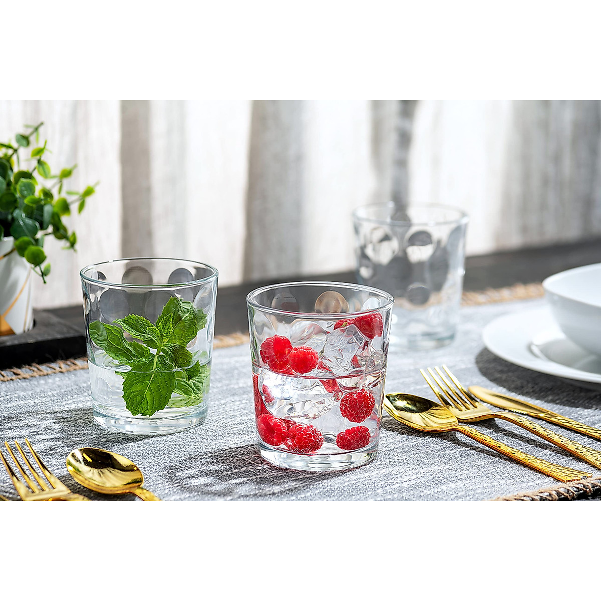 Set of 12 Elegant Everyday Stackable Drinking Glasses - Includes 4-17oz Highball Tumbler Glassware, 4-13oz DOF Rock Glasses, 4-7oz Juice Glasses for Mixed Drinks, Water, Beer, Wine.