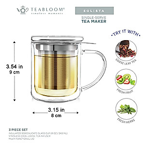 Teabloom Single-Serve Tea Maker - Double Wall Glass Cup with Infuser Basket and Lid for Steeping, Solista Brewing Mug (8 OZ)