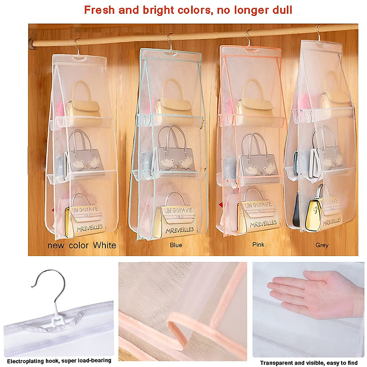 Hanging Purse Organizer MultiPurpose Handbag Storage Bag Dustproof Waterproof Closet Organization Bag DoubleSide 6 Pockets, Blue